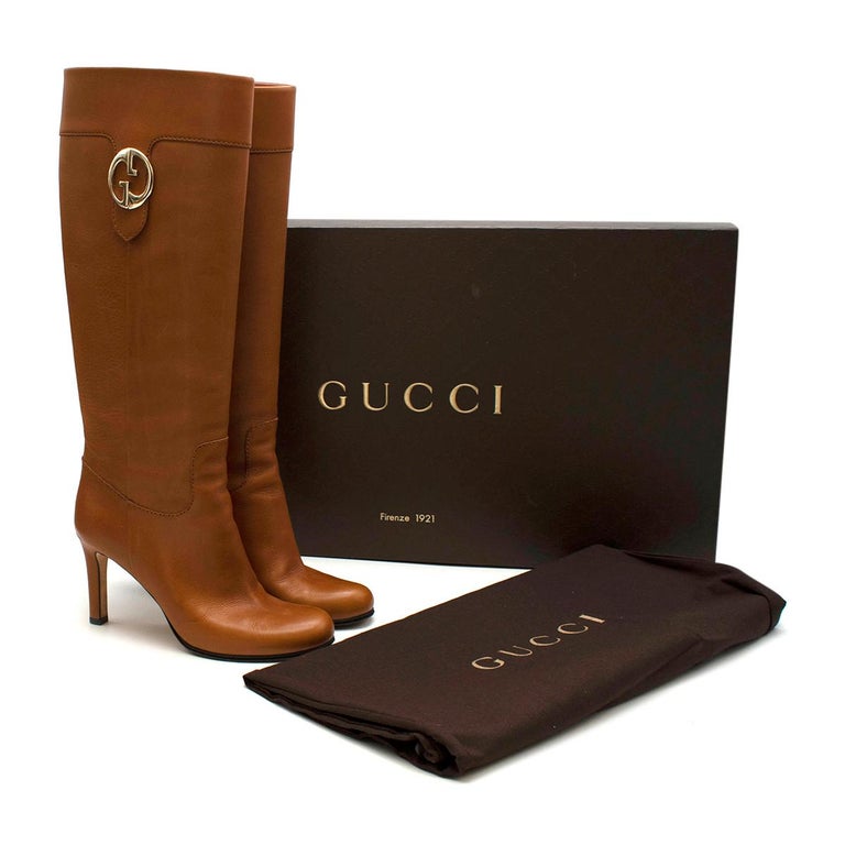 Gucci Brown Leather Knee High Heeled GG Boots - Us size 6.5 For Sale at ...