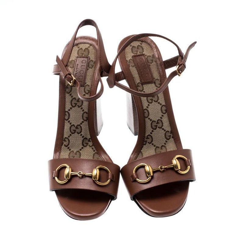 Gucci Brown Leather Lifford Horsebit Ankle Strap Sandals Size 37 For ...