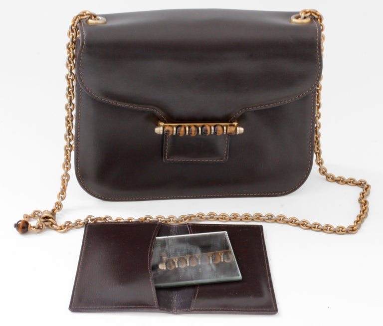 Gucci Brown Leather Shoulder Bag Tiger's Eye Clasp Gilt Chain + Mirror ...