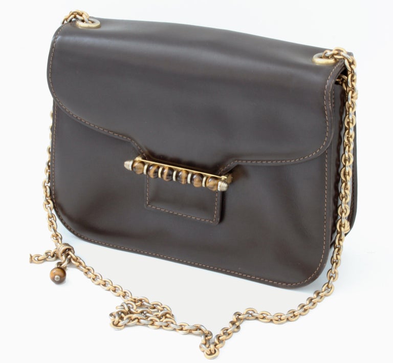 Gucci Brown Leather Shoulder Bag Tiger's Eye Clasp Gilt Chain + Mirror ...