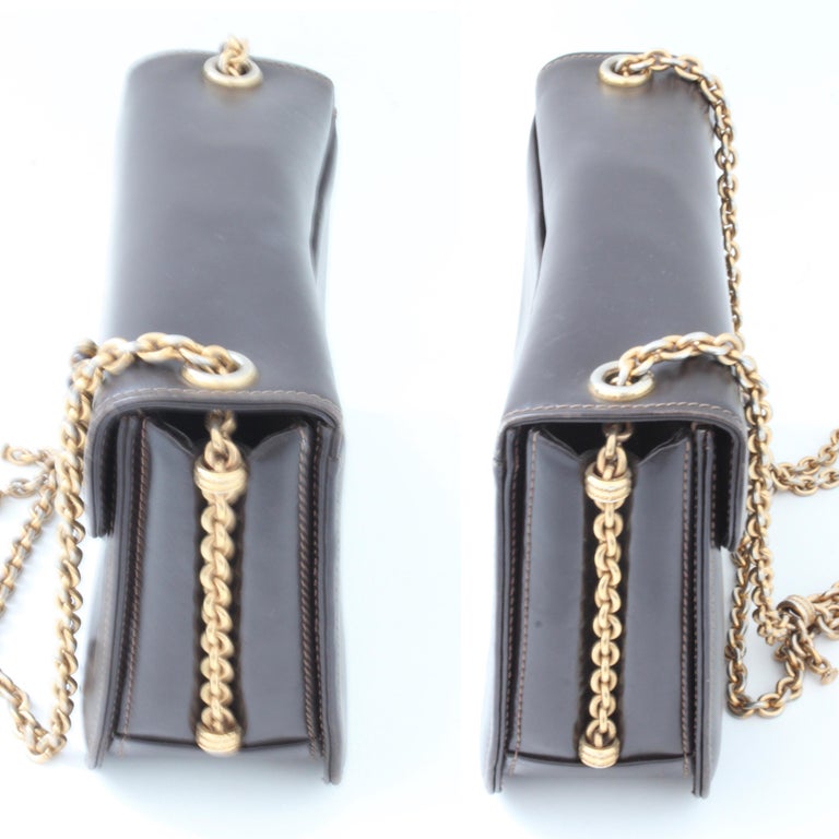 Gucci Brown Leather Shoulder Bag Tiger's Eye Clasp Gilt Chain + Mirror ...