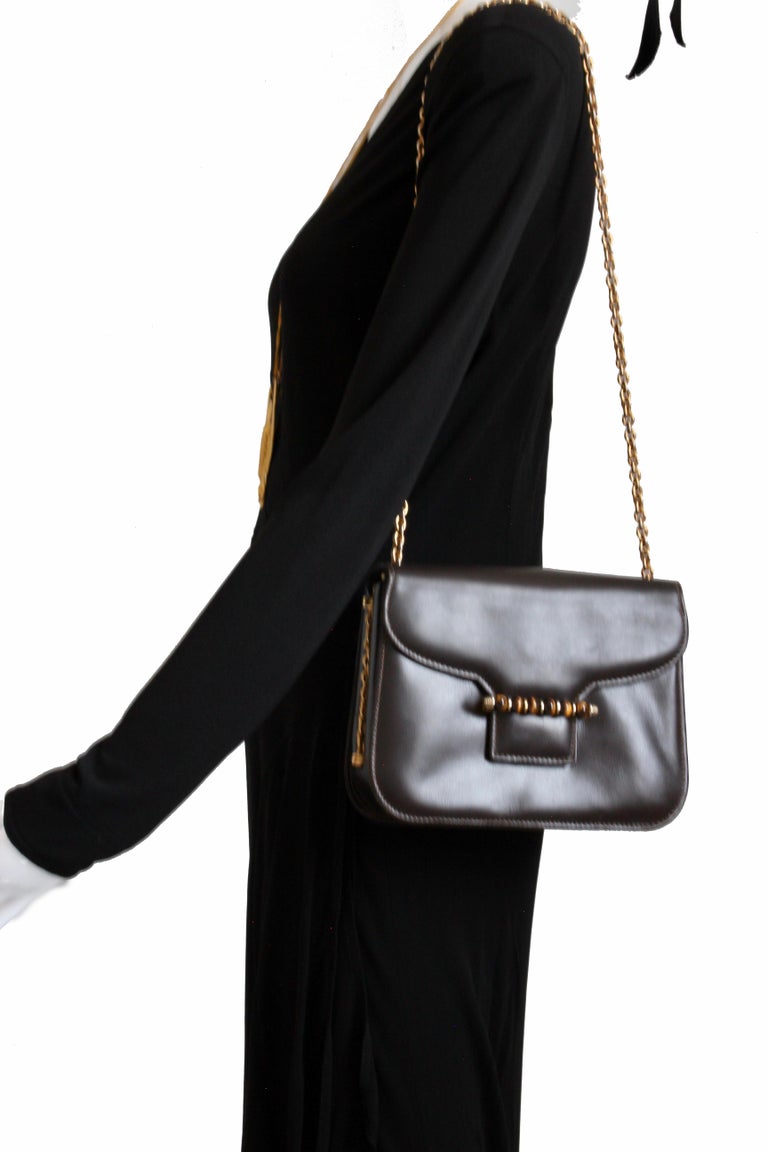 Gucci Brown Leather Shoulder Bag Tiger's Eye Clasp Gilt Chain + Mirror ...