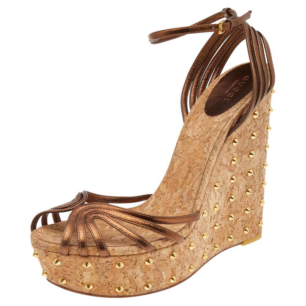 Gucci Brown Leather Studded Cork Wedge Platform Sandals Size 41 For ...