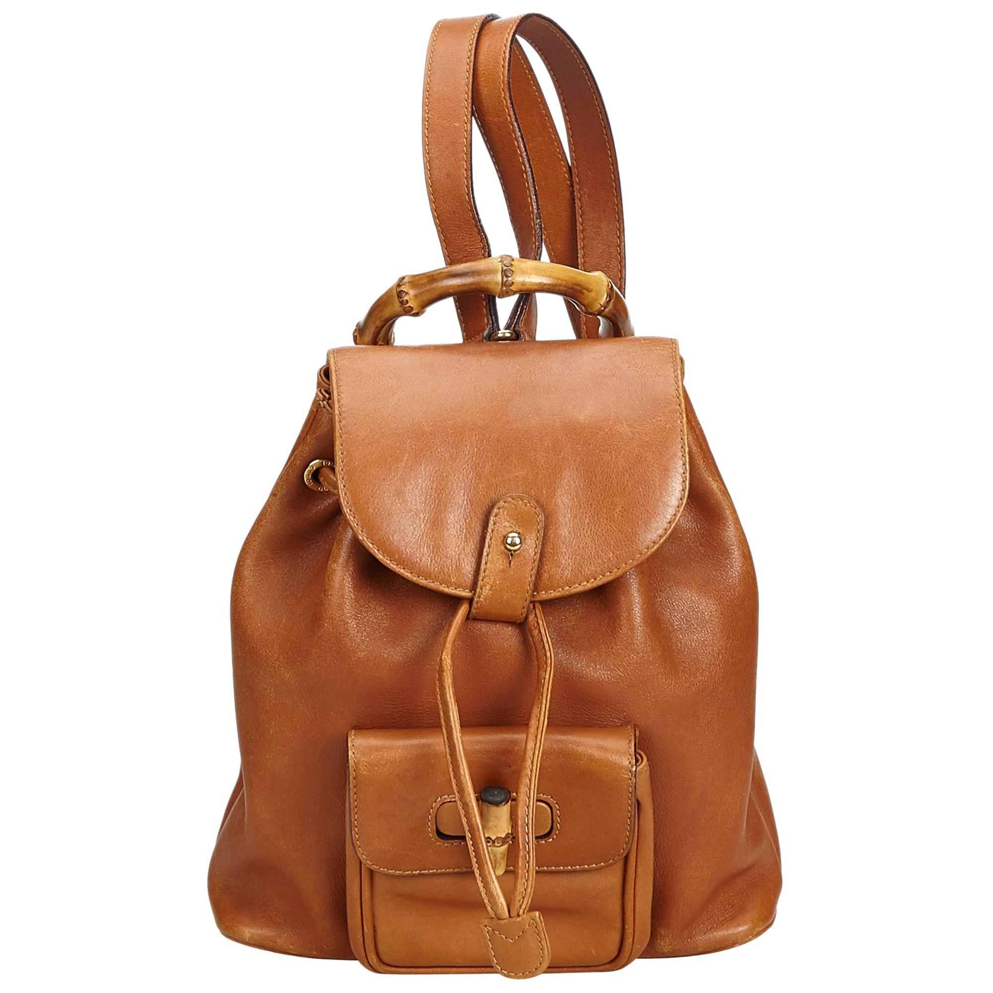 Gucci Brown Light Brown Leather Bamboo Drawstring Backpack Italy For ...