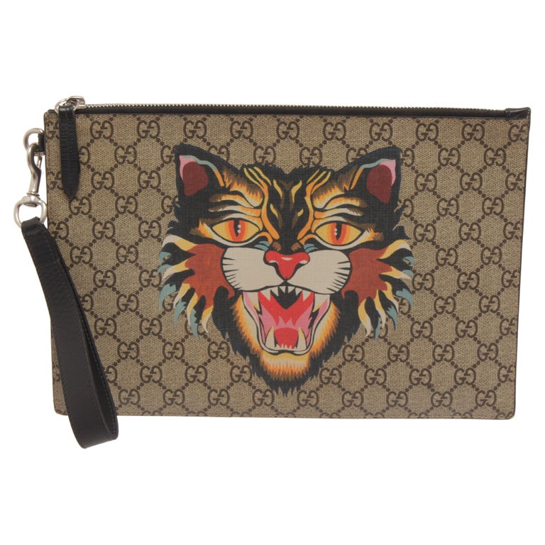 Gucci Brown, Multicolor, Print Pvc Zipped Pouch Angry Cat GG Clutch For ...