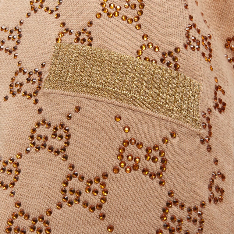 GUCCI brown orange crystal rhinestone GG monogram gold lurex wool ...