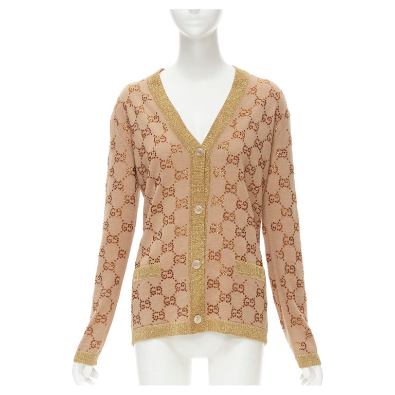 GUCCI brown orange crystal rhinestone GG monogram gold lurex wool ...