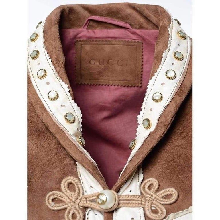 GUCCI Brown Suede Embroidered Jacket IT40 US 2-4 For Sale at 1stDibs
