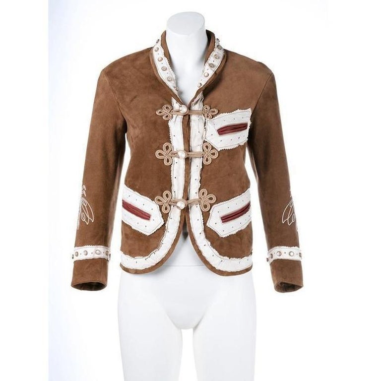 GUCCI Brown Suede Embroidered Jacket IT40 US 2-4 For Sale at 1stDibs