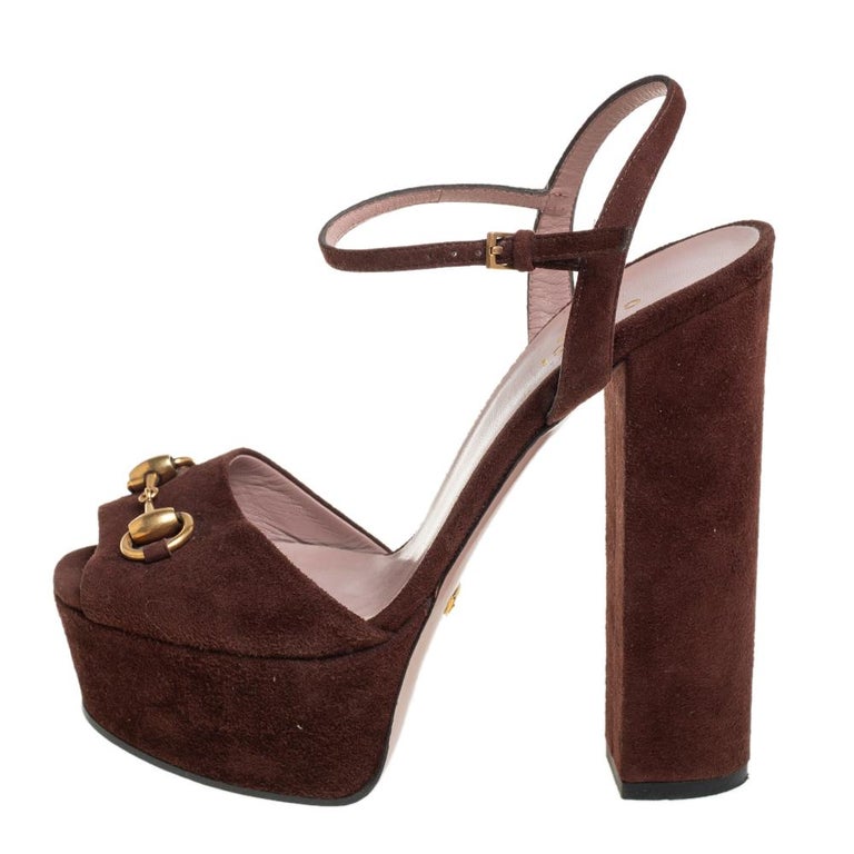 Gucci Brown Suede Horsebit Platform Ankle Strap Sandals Size 36.5 at ...