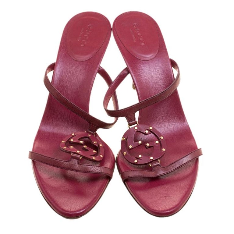 Gucci Burgundy Leather Studded GG Interlocking Slides Sandals Size 38.5 ...