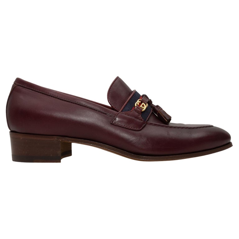 Gucci Burgundy Leather Tassel Web Loafers For Sale at 1stDibs