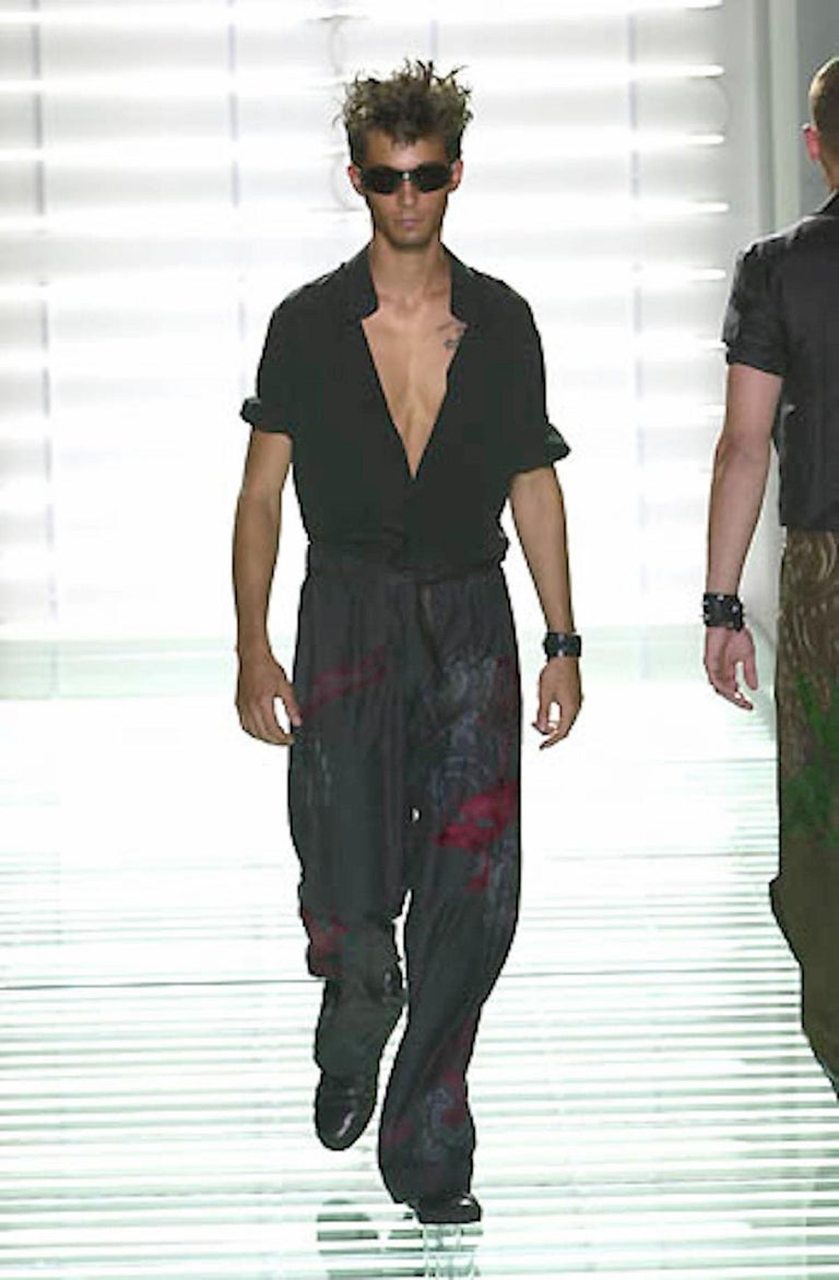 GUCCI by TOM FORD 2001 XL Black Dragon Embroidered Silk Wide Leg Karate ...