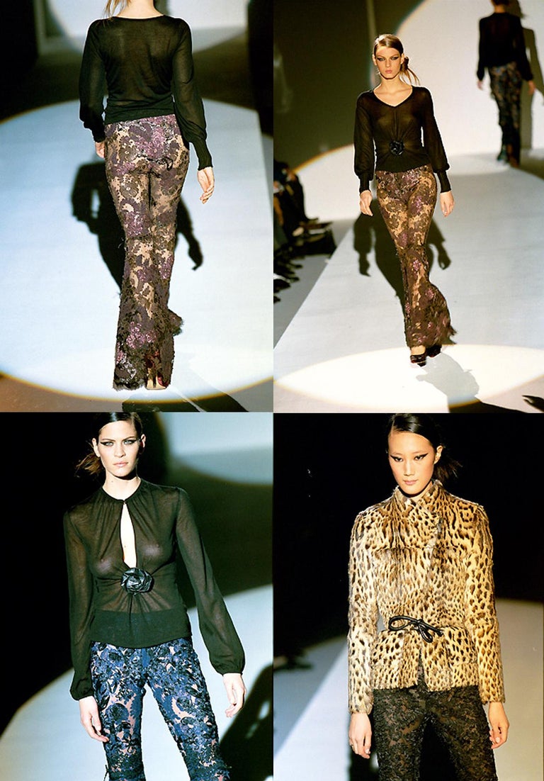 Gucci by Tom Ford black embroidered lace and mesh flared evening pants ...