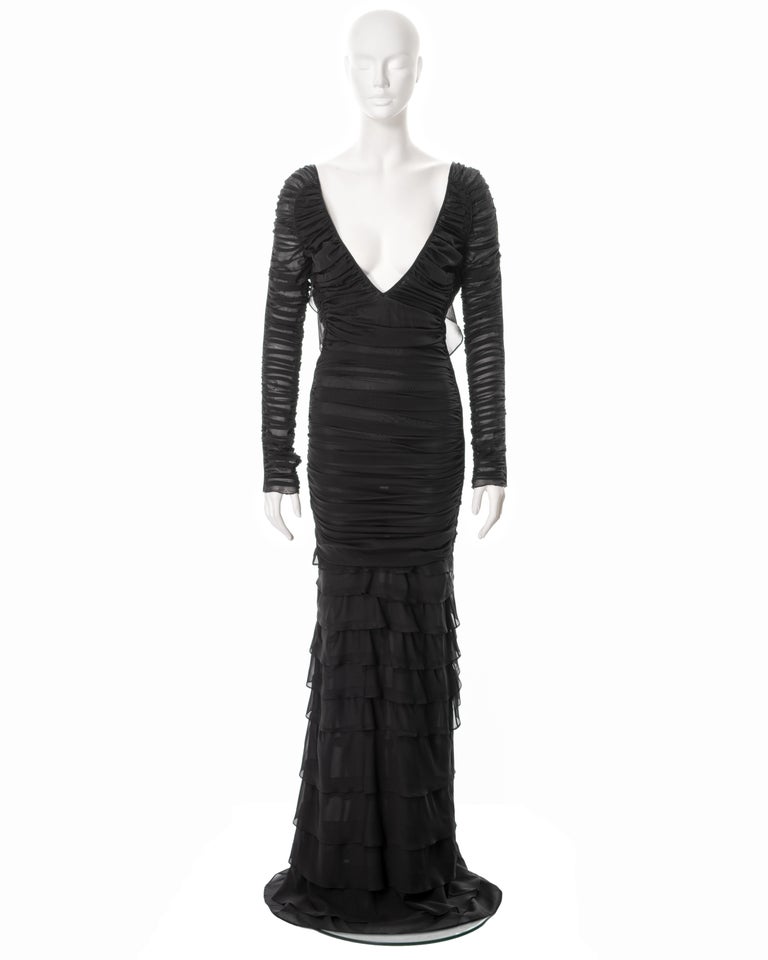 Gucci by Tom Ford black silk ruched evening dress with tired skirt, ss ...