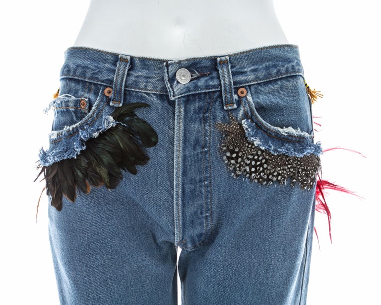 Gucci by Tom Ford blue denim beaded slim-fit jeans with feathers, ss ...
