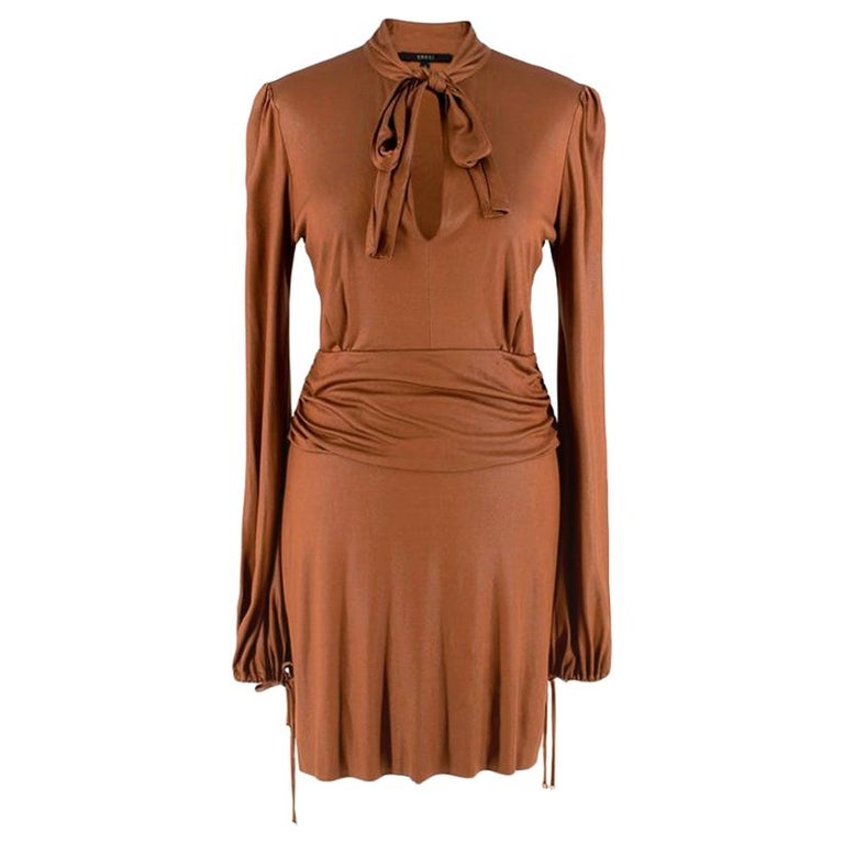Gucci by Tom Ford Bronze Ruched Pussy Bow Mini Dress - Size S at 1stDibs
