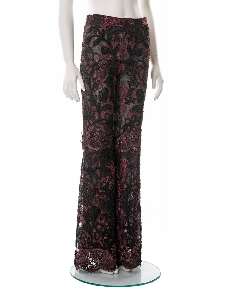 Gucci By Tom Ford Burgundy Lamé Floral Lace Flared Evening Pants Fw