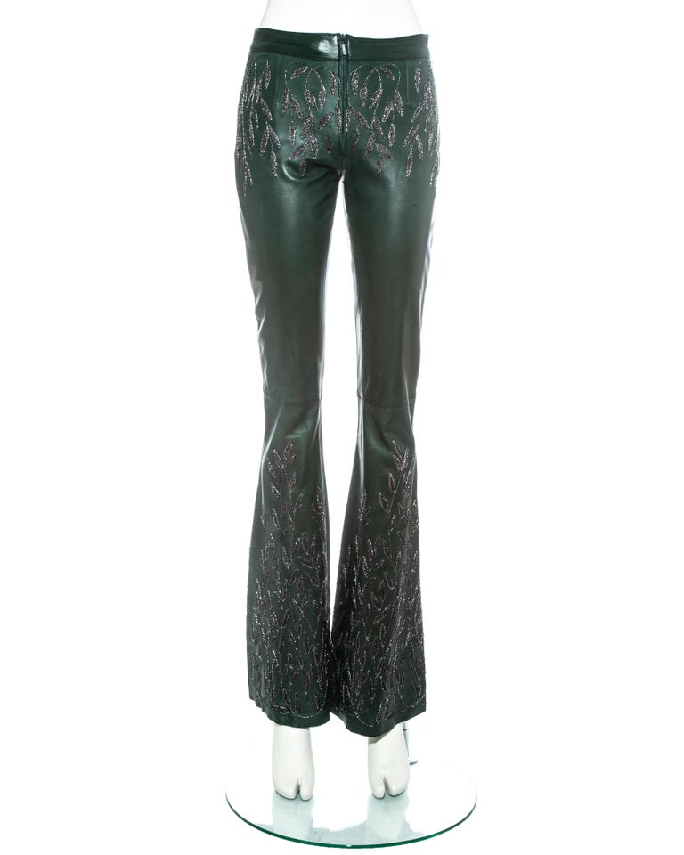 Gucci By Tom Ford Green Embroidered Leather Flared Pants Fw 1999 At