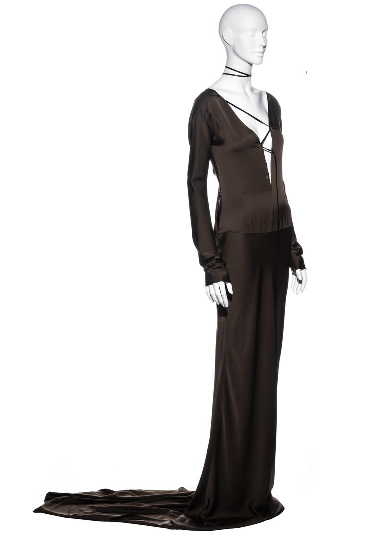 Gucci by Tom Ford olive silk trained lace up evening dress, fw 2002 For ...