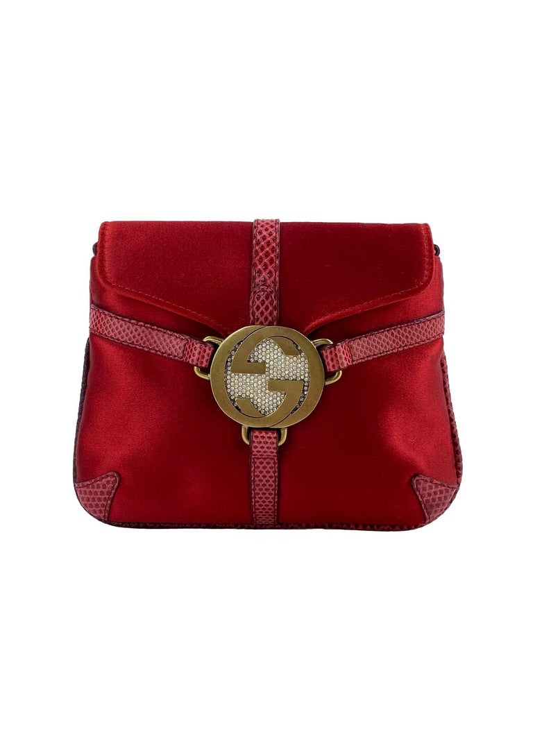 Gucci by Tom Ford Red Silk Rhinestone 'GG' Logo Reins Thong Mini ...