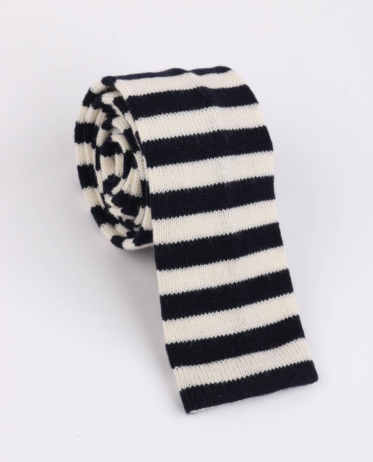 GUCCI c.1980's Navy Blue and Off White Striped Wool Knit Necktie Tie ...