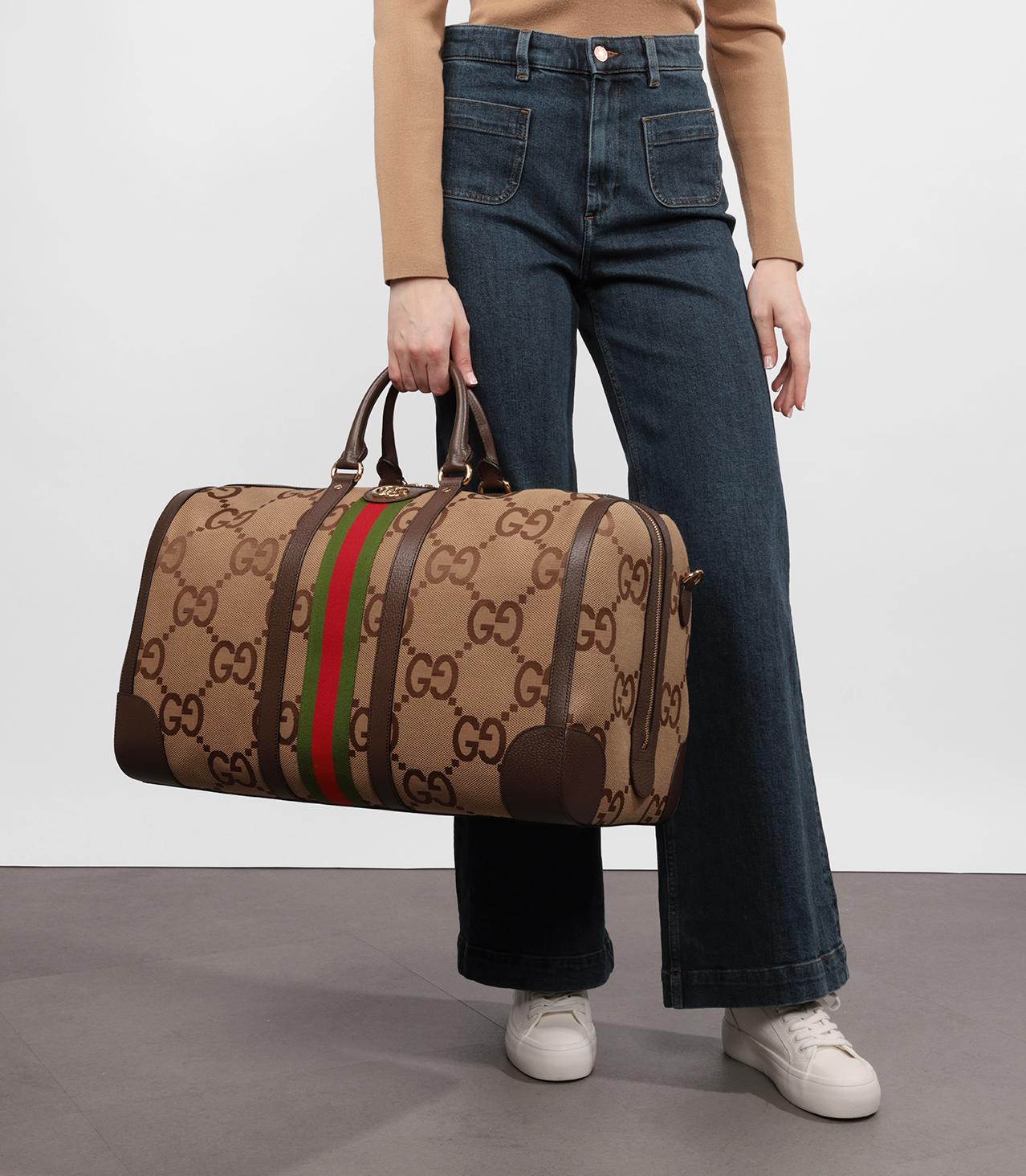 Gucci Camel Canvas and Ebony Calfskin Leather Jumbo GG Large Duffle Bag For Sale at 1stDibs