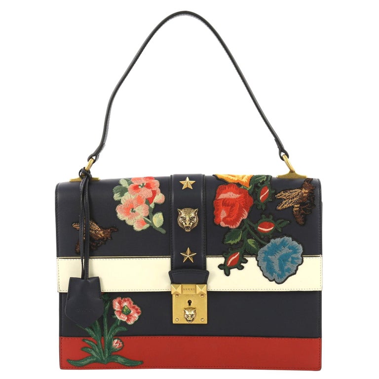 Gucci Cat Lock Shoulder Bag Embroidered Leather Medium at 1stDibs