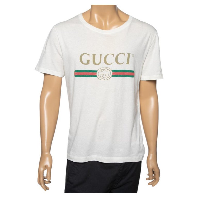 Gucci Cream Cotton Logog Printed Crew Neck T-Shirt S at 1stDibs