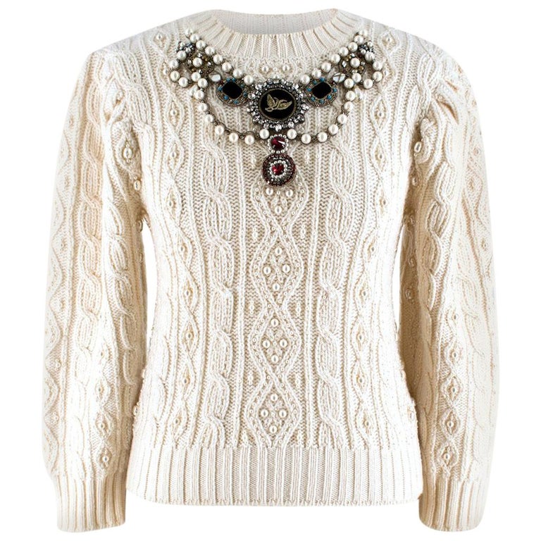 Gucci Cream Embroidered Wool Cable Knit Sweater XXS / US 0-2 at 1stDibs
