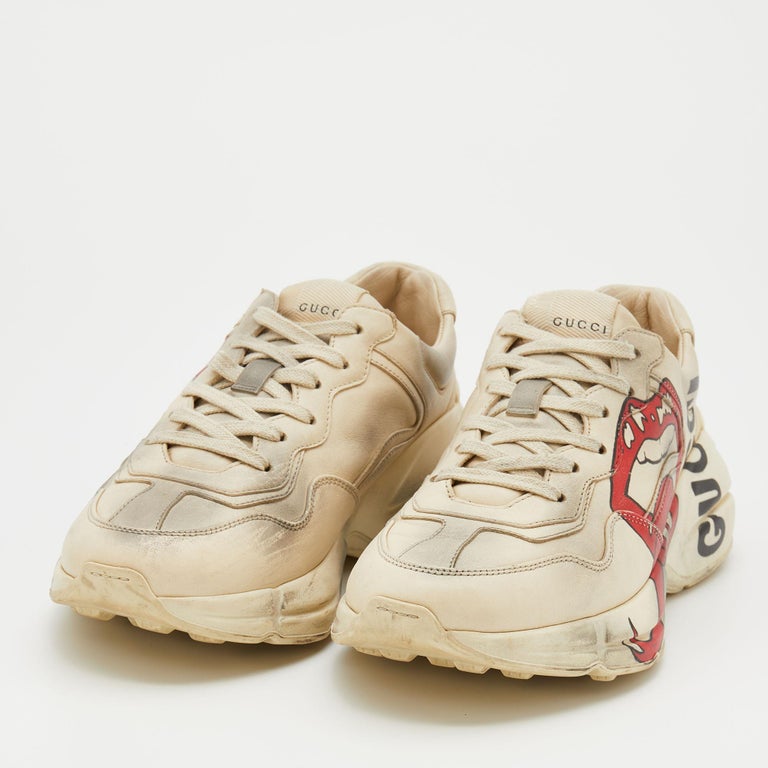 Gucci Cream/Grey Leather Rhyton Gucci Logo Lace Up Sneakers Size 38.5 ...