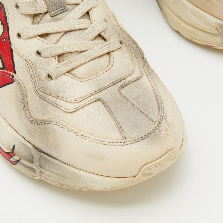 Gucci Cream/Grey Leather Rhyton Gucci Logo Lace Up Sneakers Size 38.5 ...