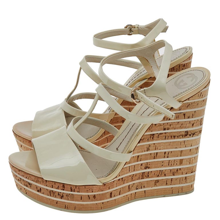 Gucci Cream Patent Leather Cork Wedge Platform Ankle Strap Sandals Size ...