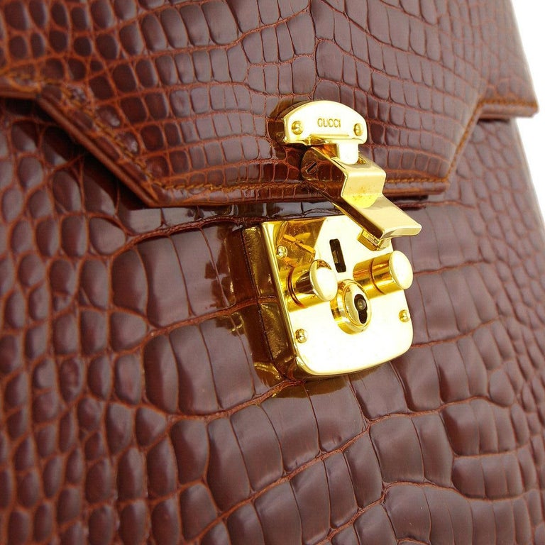 Gucci Crocodile Exotic Leather Gold Top Handle Satchel Kelly Style ...
