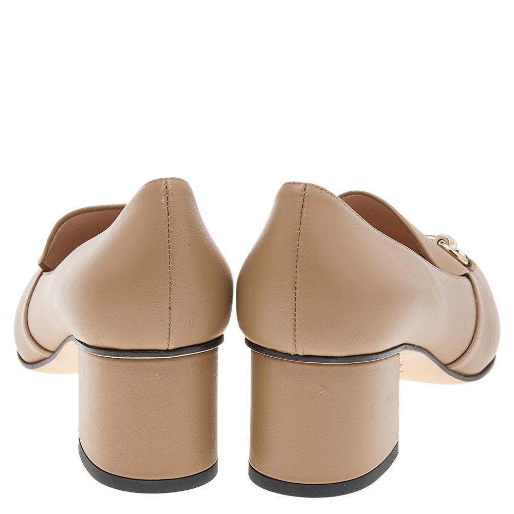 Gucci Dark Beige Leather Horsebit Block Heel Loafer Pumps Size 38.5 at ...