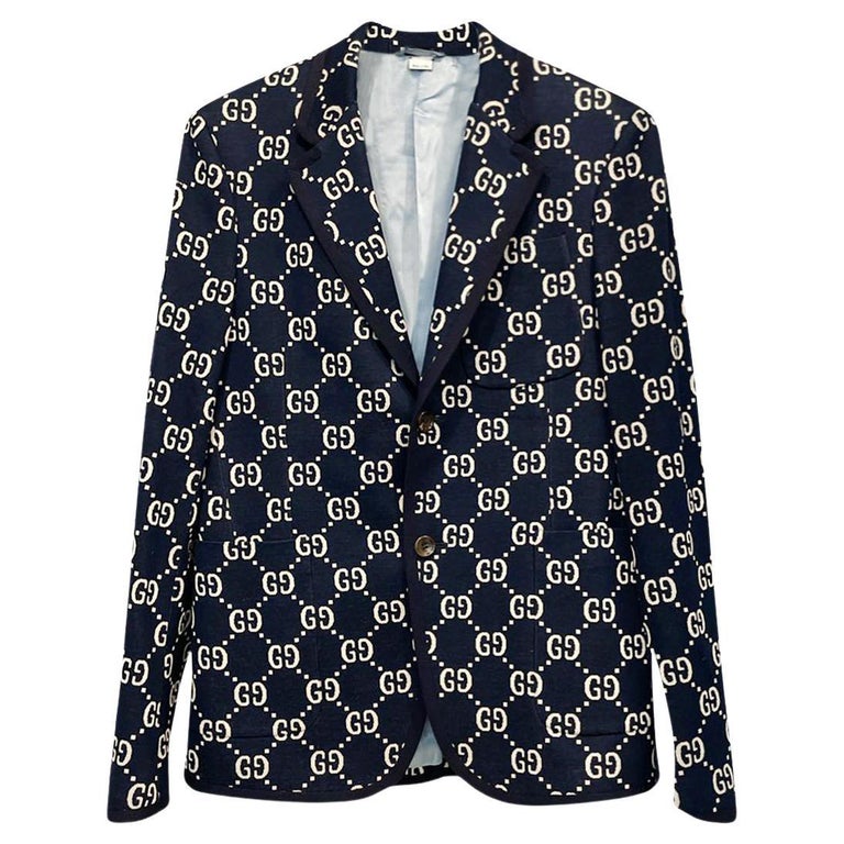 GUCCI DARK BLUE COTTON SUPREME SINGLE-BREASTED JACKET with GG PRINT ...