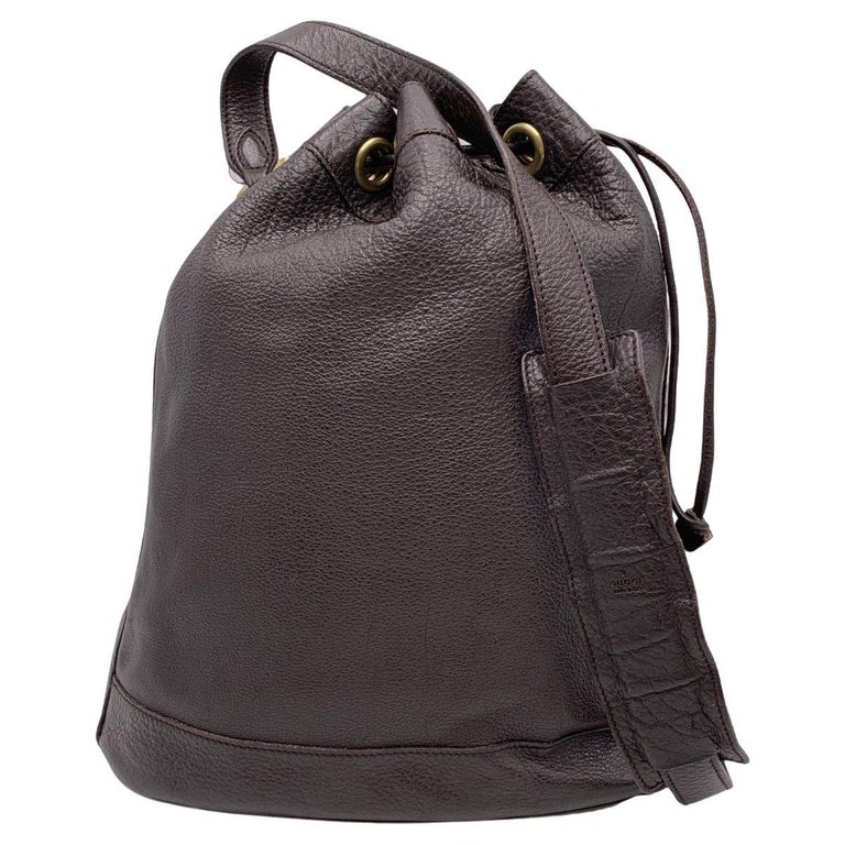 Gucci Dark Brown Leather Drawstring Bucket Shoulder Bag For Sale at 1stDibs