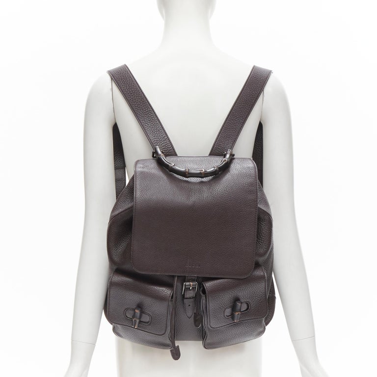 GUCCI dark brown pebble leather Bamboo turnlock pocket flap backpack ...