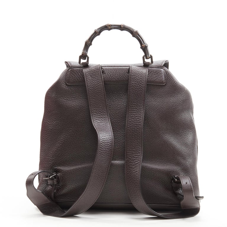 GUCCI dark brown pebble leather Bamboo turnlock pocket flap backpack ...