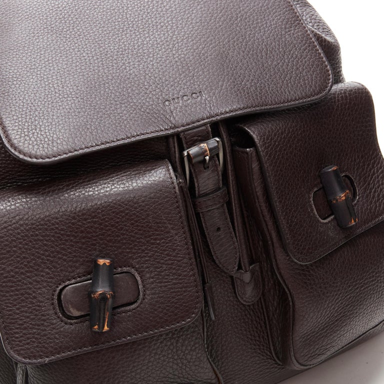 GUCCI dark brown pebble leather Bamboo turnlock pocket flap backpack ...
