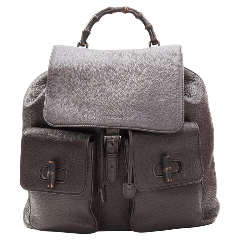GUCCI dark brown pebble leather Bamboo turnlock pocket flap backpack ...