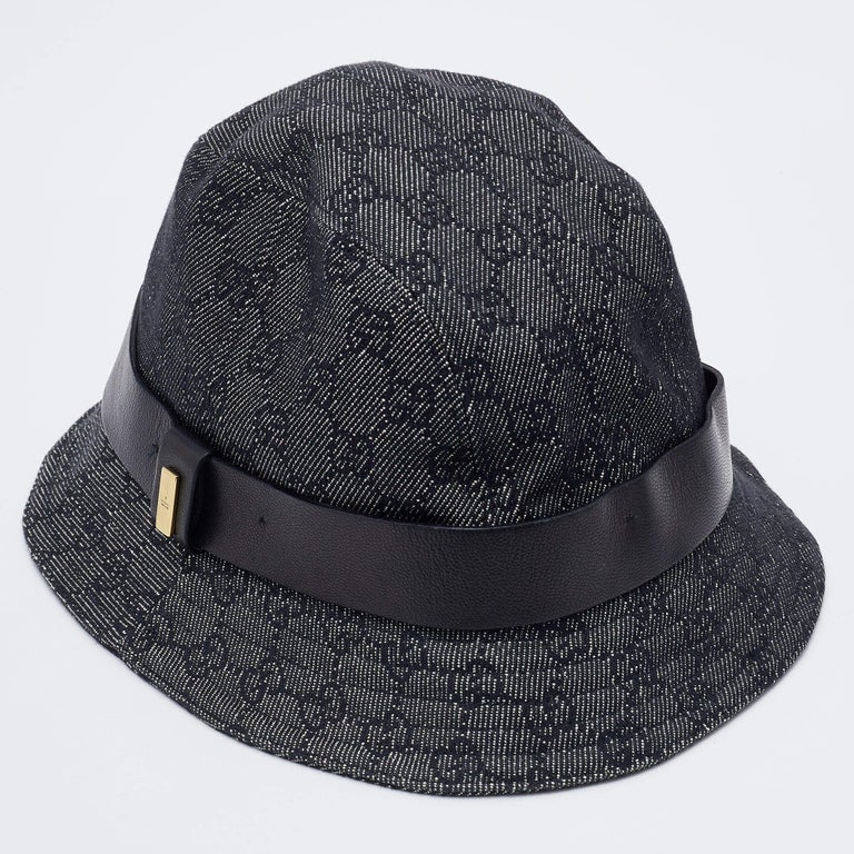 Gucci Dark Grey Logo Jacquard Leather Trim Bucket Hat L For Sale at 1stDibs