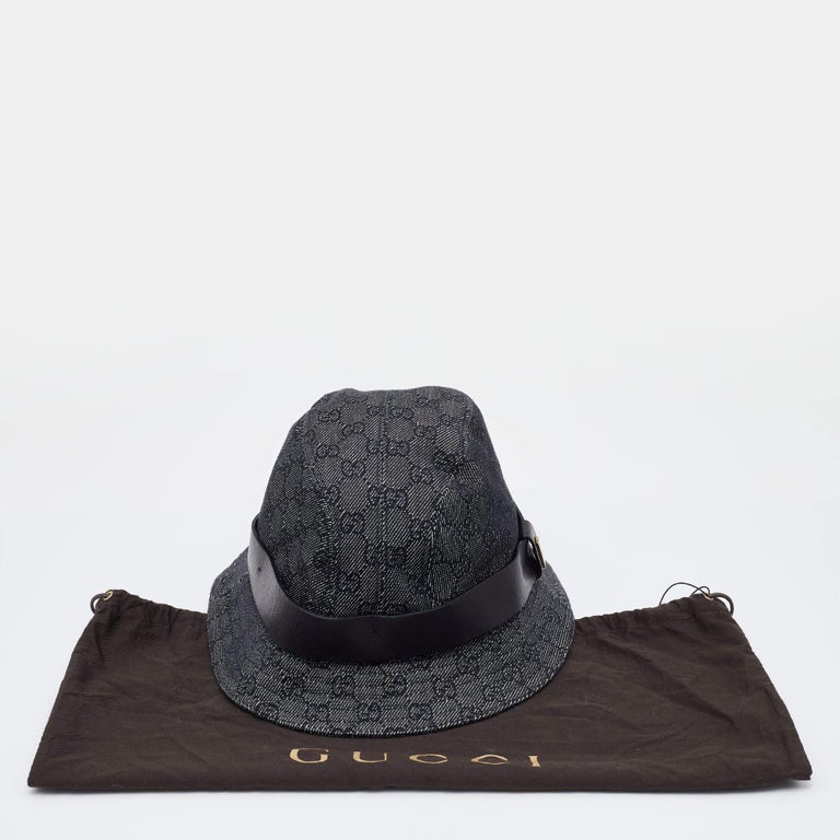 Gucci Dark Grey Logo Jacquard Leather Trim Bucket Hat L For Sale at 1stDibs