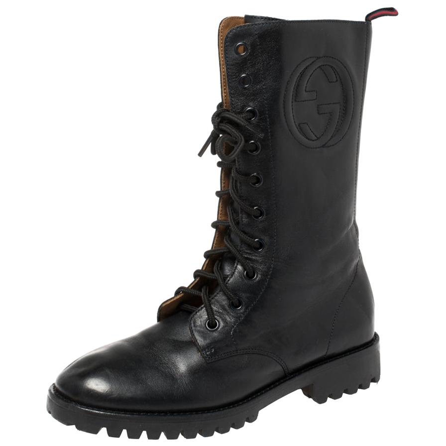 Gucci Deep Navy Leather Combat Boots Size 35 at 1stDibs