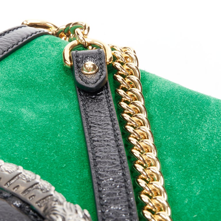 GUCCI Dionysus Kelly green suede black patent trimmed crossbody bucket ...