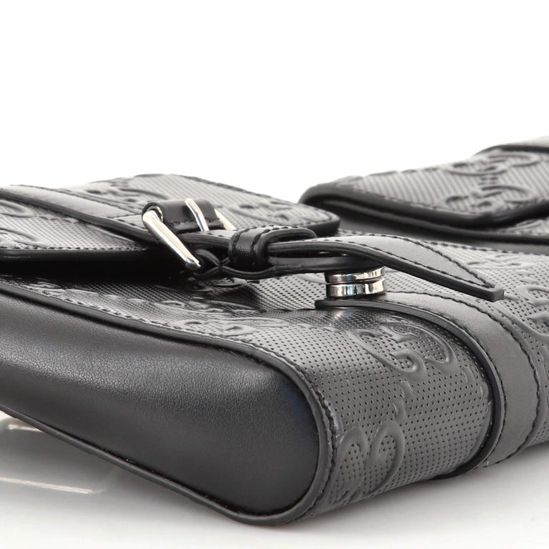 Gucci Double Belt Bag GG Embossed Perforated Leather For Sale at 1stDibs