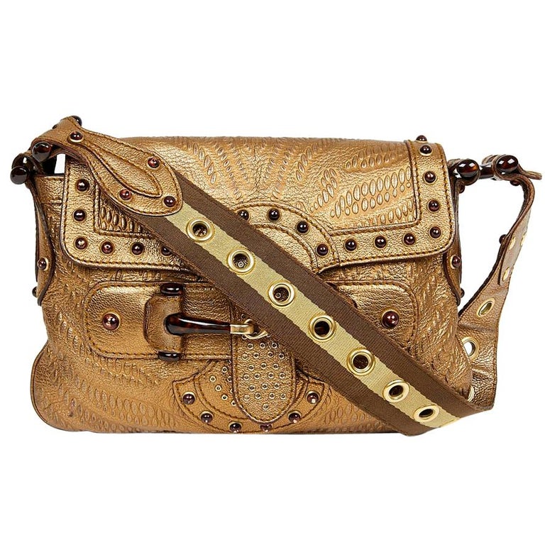 GUCCI Embossed Gold Leather Vintage Handbag For Sale at 1stDibs