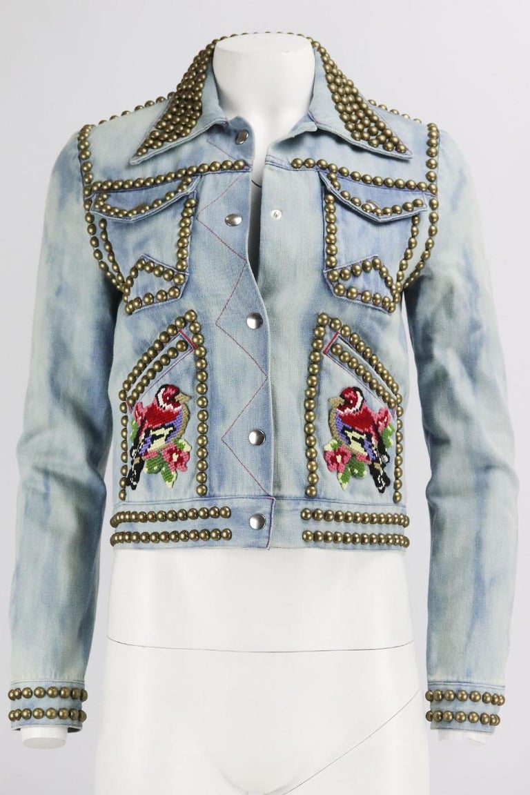Gucci Embroidered Studded Denim Jacket It 38 Uk 6 For Sale at 1stDibs