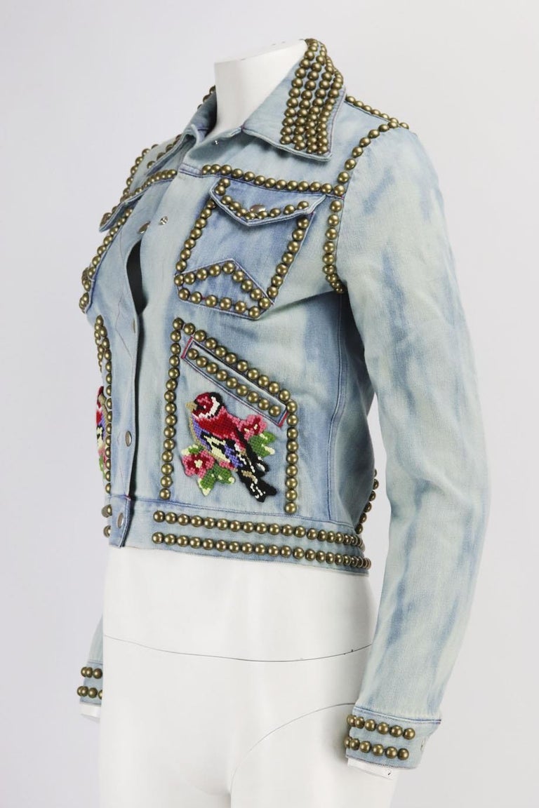 Gucci Embroidered Studded Denim Jacket It 38 Uk 6 For Sale at 1stDibs