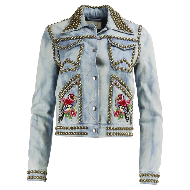 Gucci Embroidered Studded Denim Jacket It 38 Uk 6 For Sale at 1stDibs
